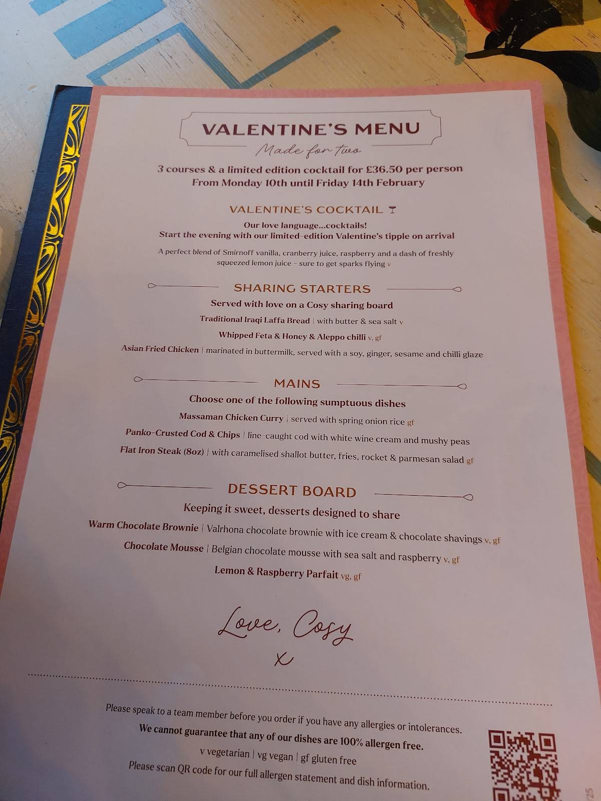 Menu at Cosy Club, Coventry