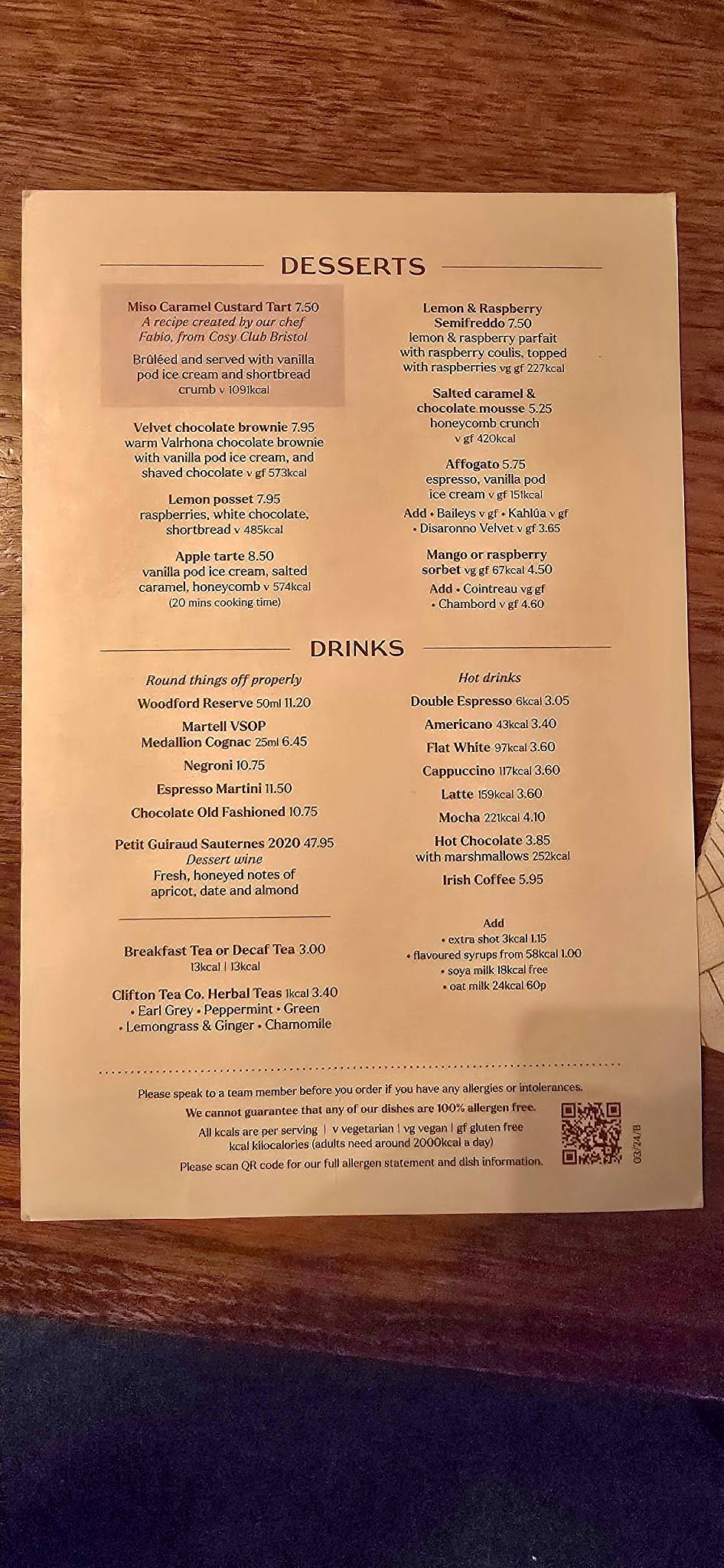 Menu at Cosy Club, Salisbury, 49 New St