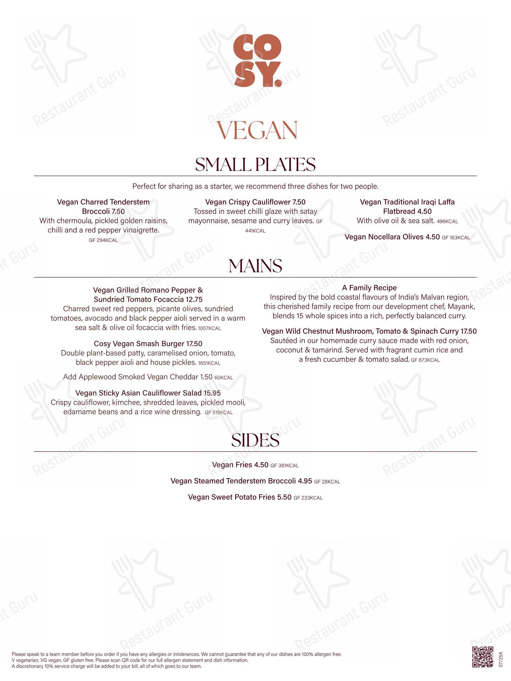 Menu at Cosy Club, Salisbury, 49 New St