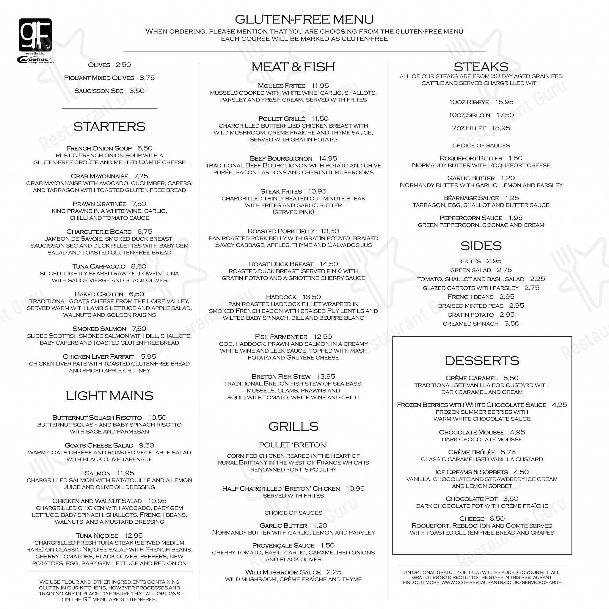 Menu at Côte Liverpool restaurant, Liverpool