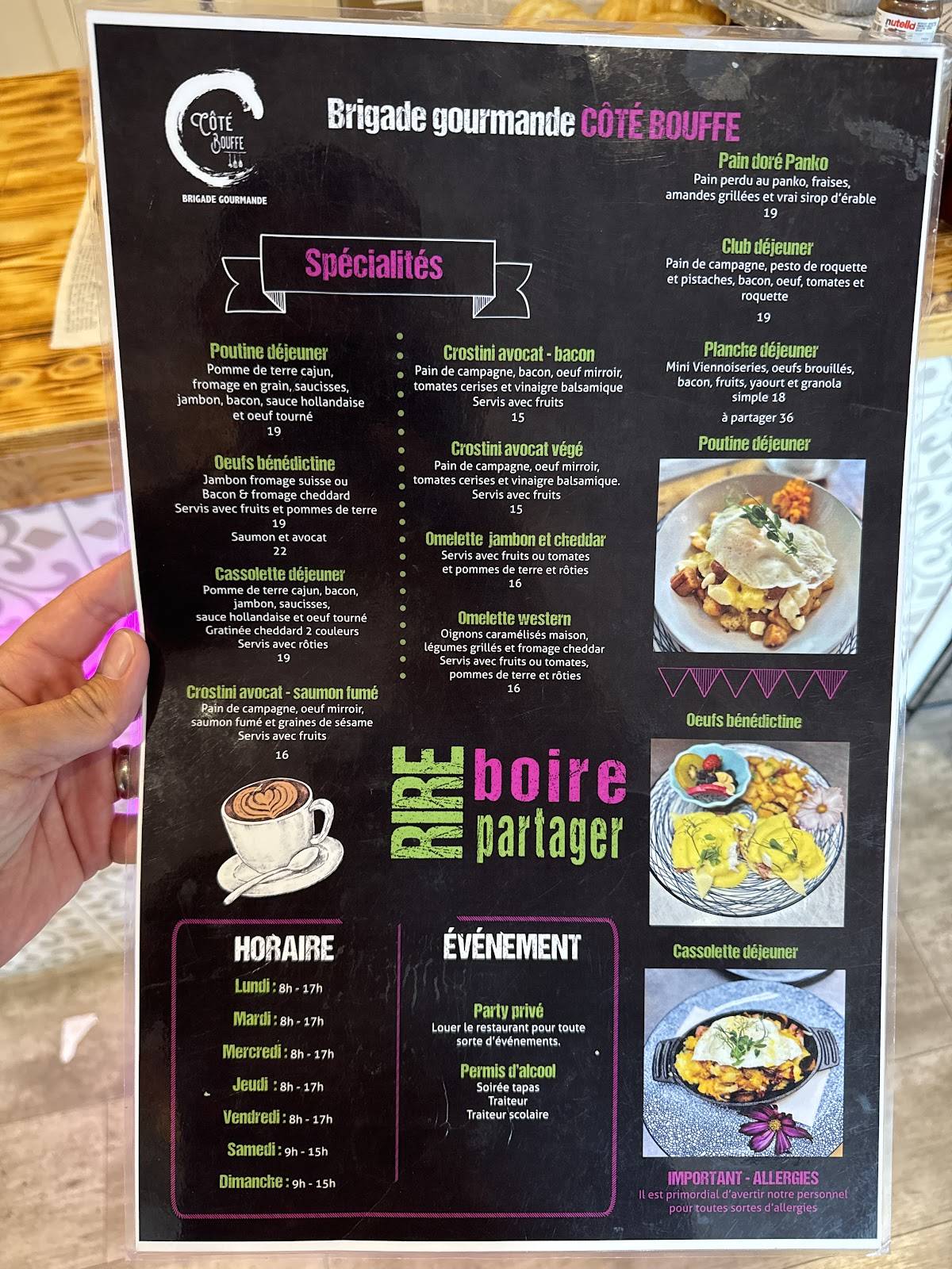 Menu au Côté bouffe, brigade gourmande café, Mont-Tremblant