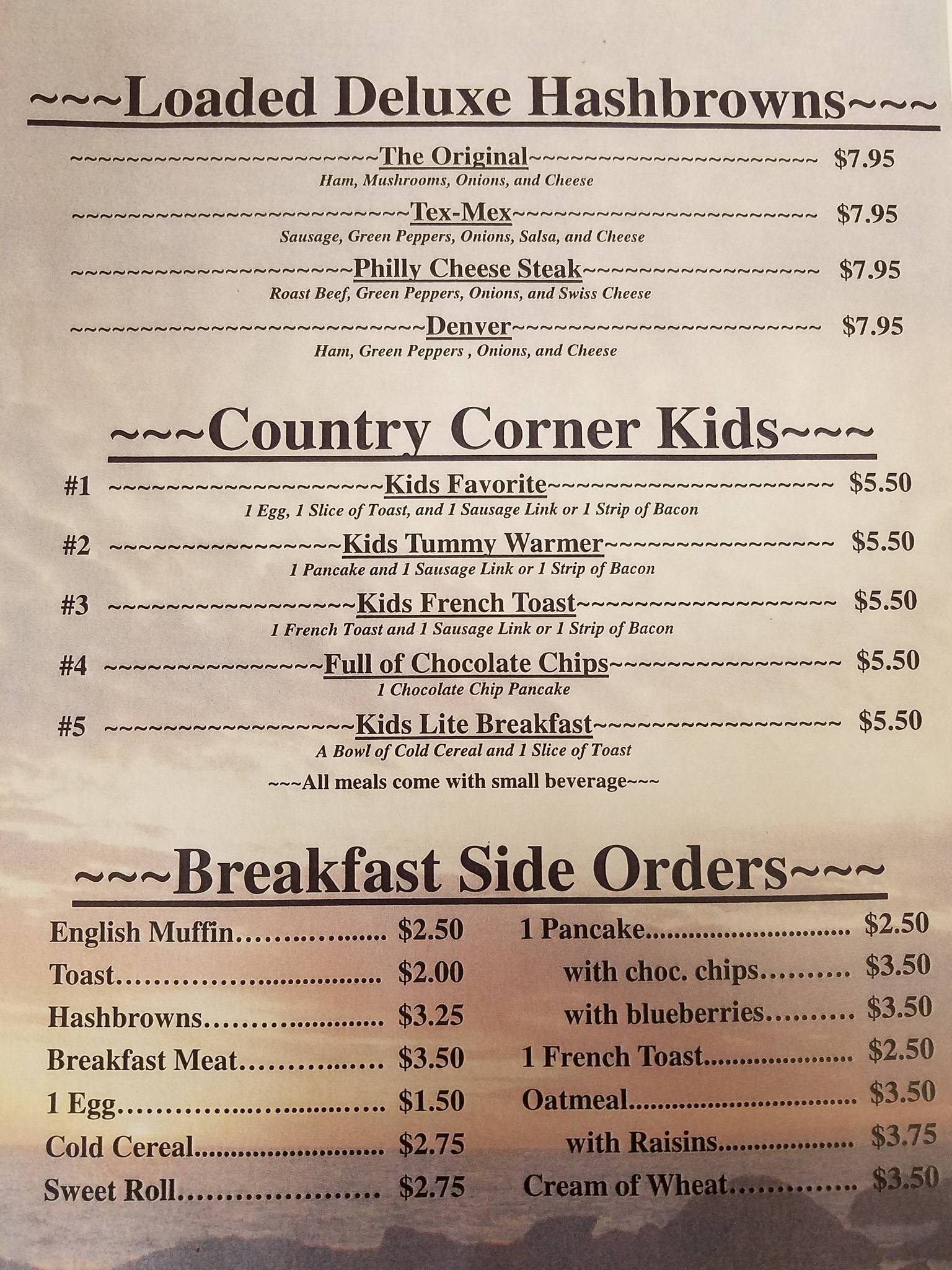 Menu at Country Corner Cafe, Isle, 485 W Main St