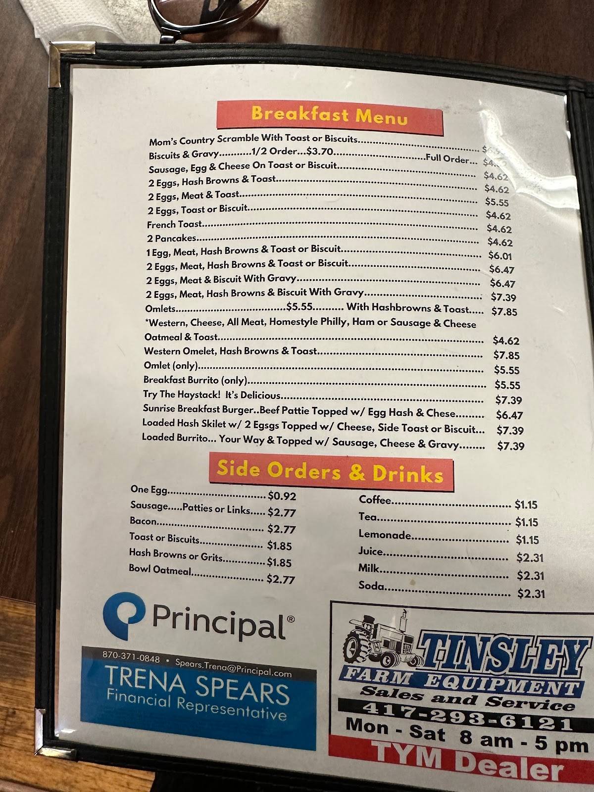 Menu at Country Cottage restaurant, Thayer