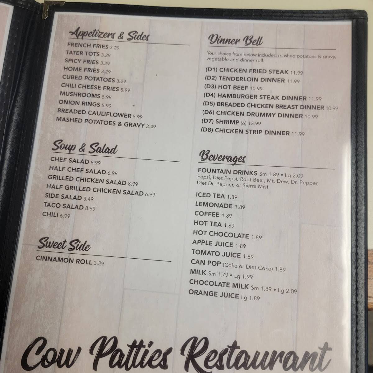 Menu at Cow Patties restaurant, Warsaw