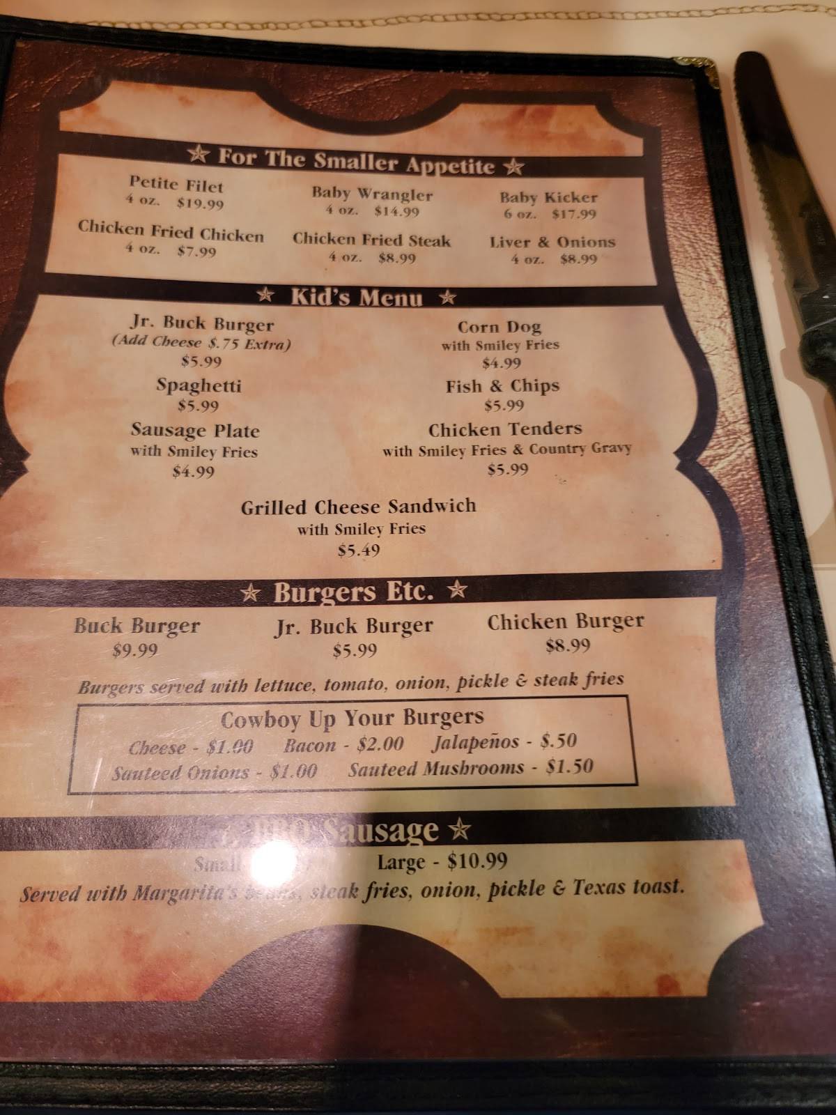 Menu at Cowboy Steak House pub & bar, Kerrville