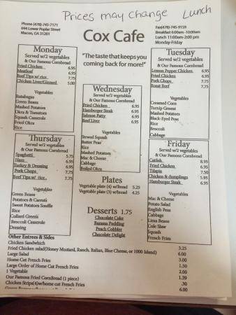Menu at Cox Cafe, Macon
