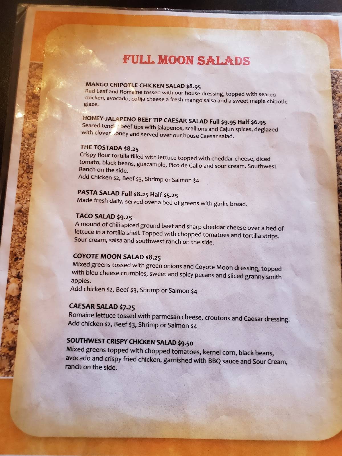 Menu at Coyote Moon Lounge pub & bar, Pagosa Springs
