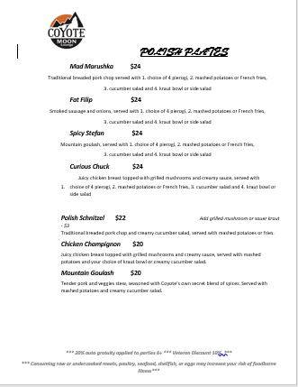 Menu at Coyote Moon Lounge pub & bar, Pagosa Springs