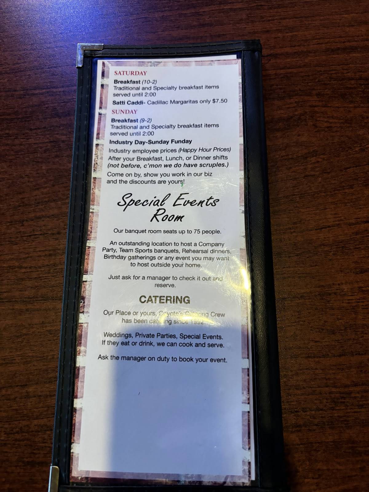 Menu at Coyote's Adobe Café restaurant, Springfield