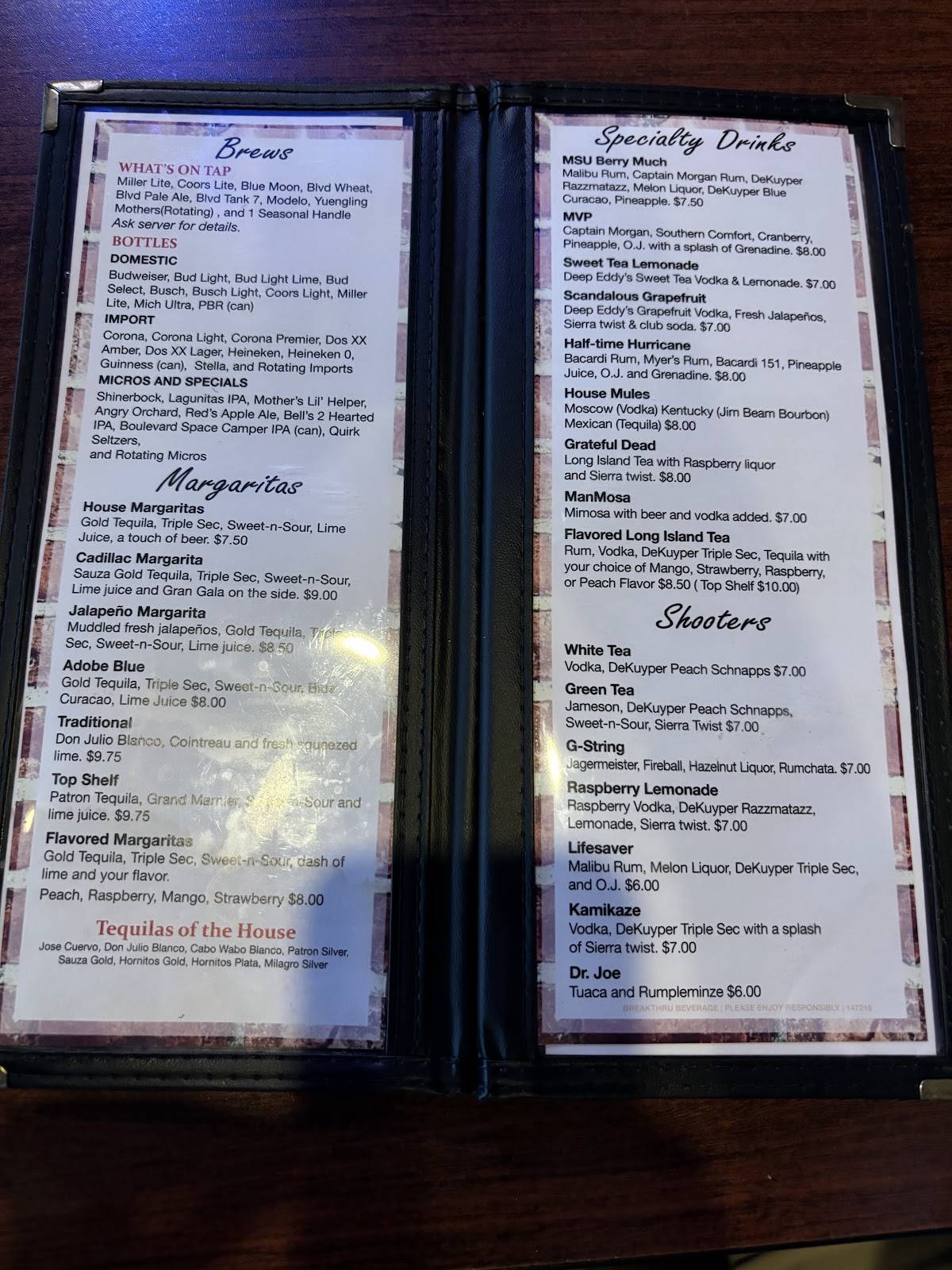 Menu at Coyote's Adobe Café restaurant, Springfield