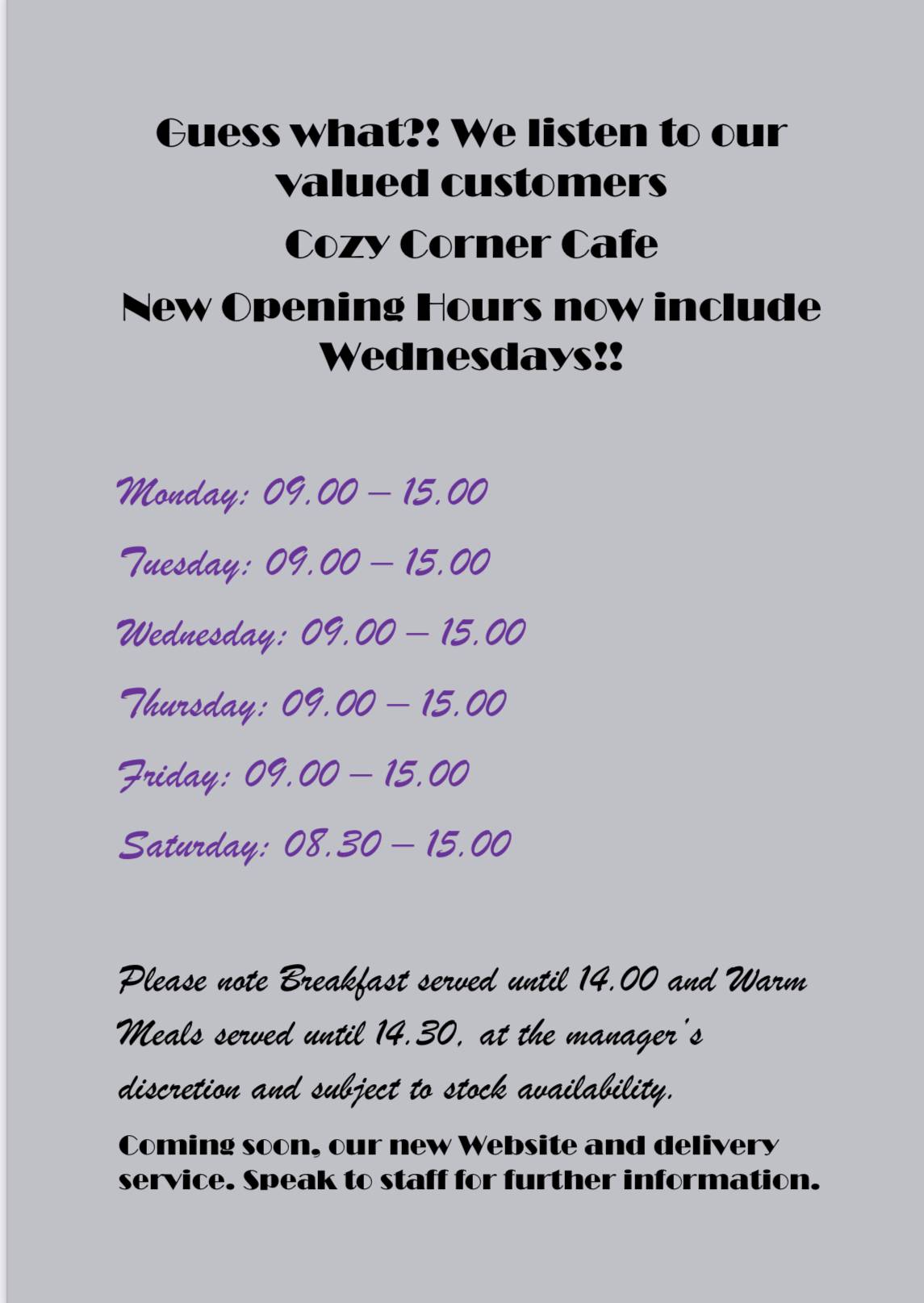 Carta de Cozy Corner Cafe, Wakefield