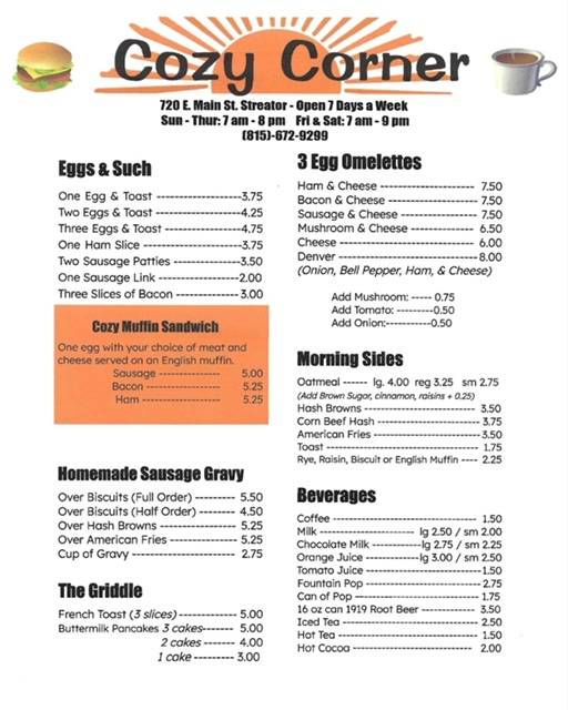 Menu at Cozy Corner Restaurant, Streator