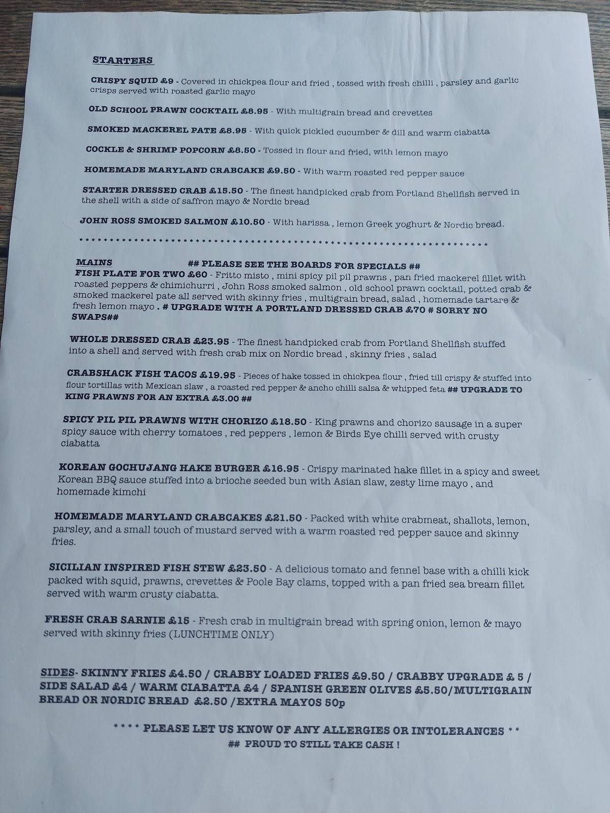 Menu at CrabShack restaurant, Worthing