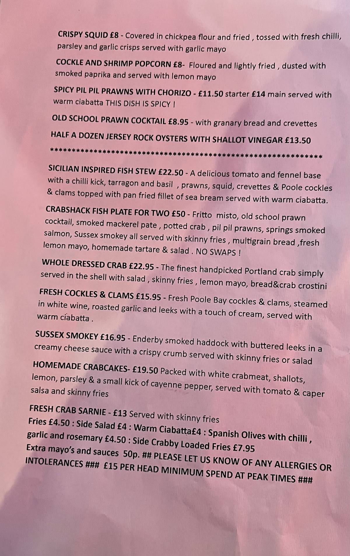 Menu at CrabShack restaurant, Worthing