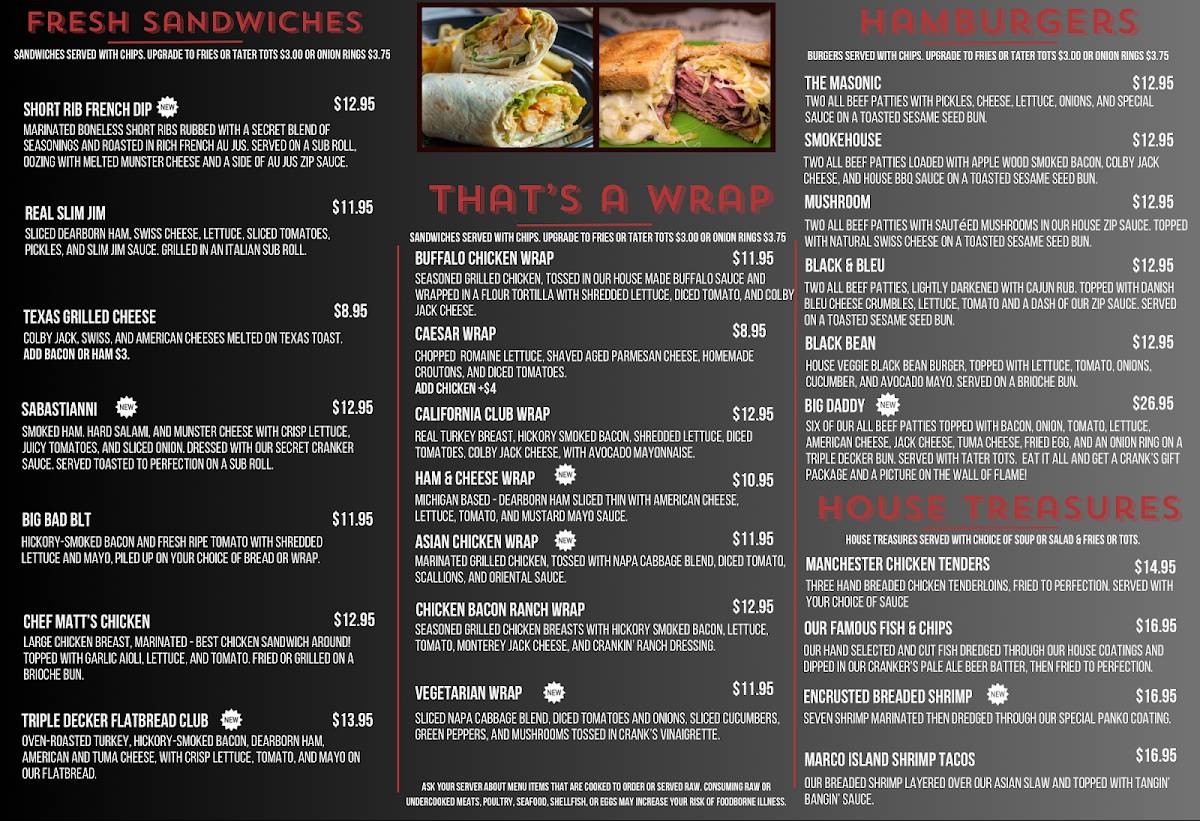 Menu at Crank’s Bar & Grill, Saint Clair Shores