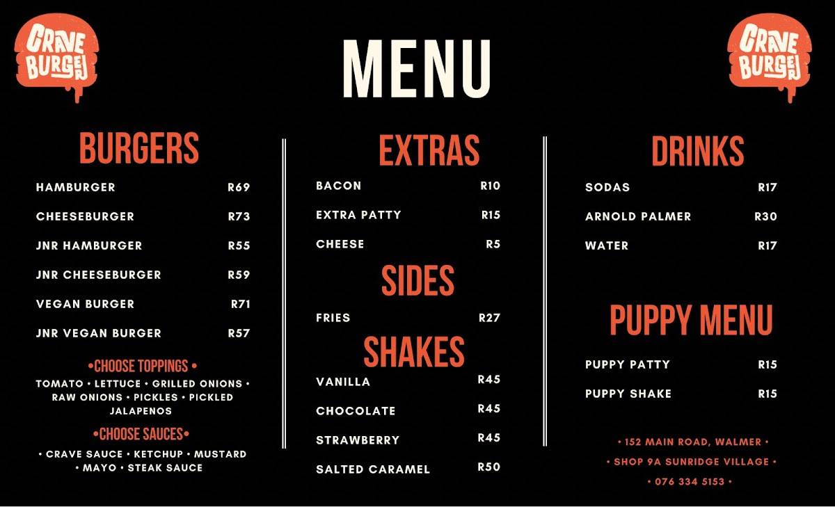 Menu at Crave Burger Beacon Bay restaurant, East London