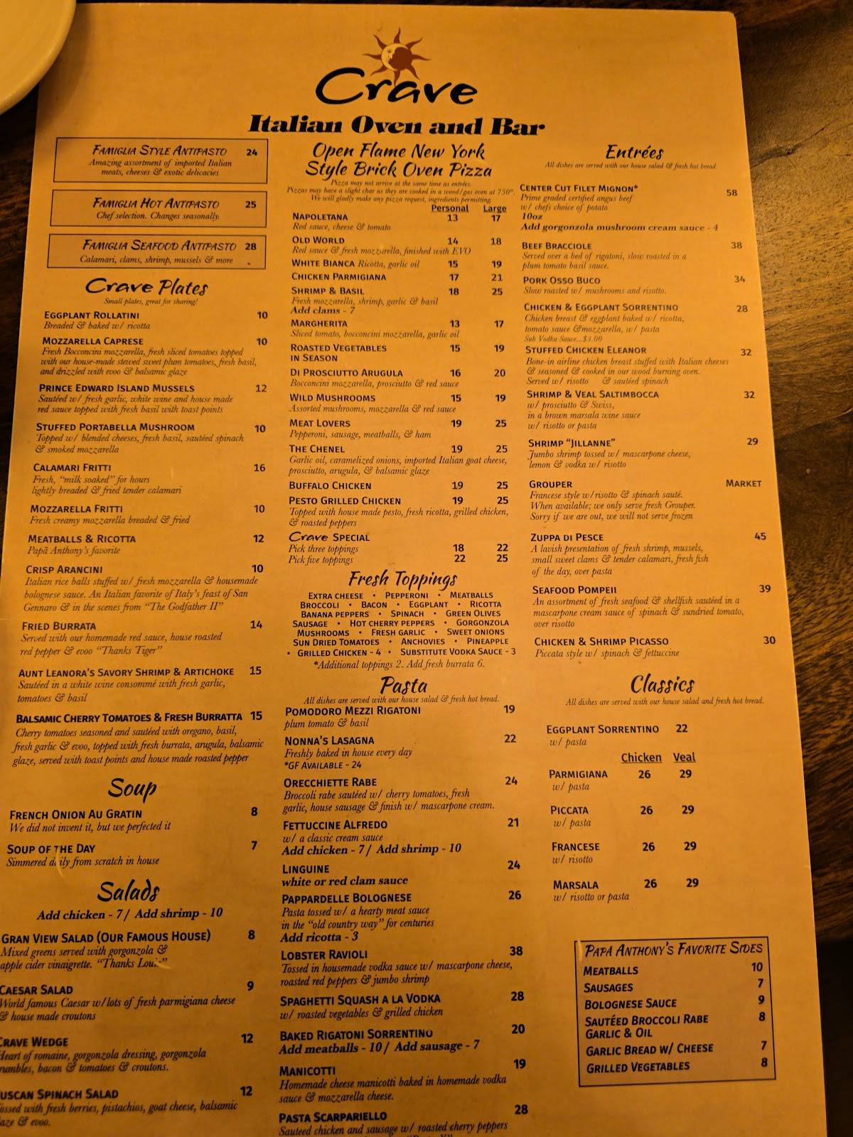Menu at Crave Italian Oven & Bar Myrtle Beach, Myrtle Beach