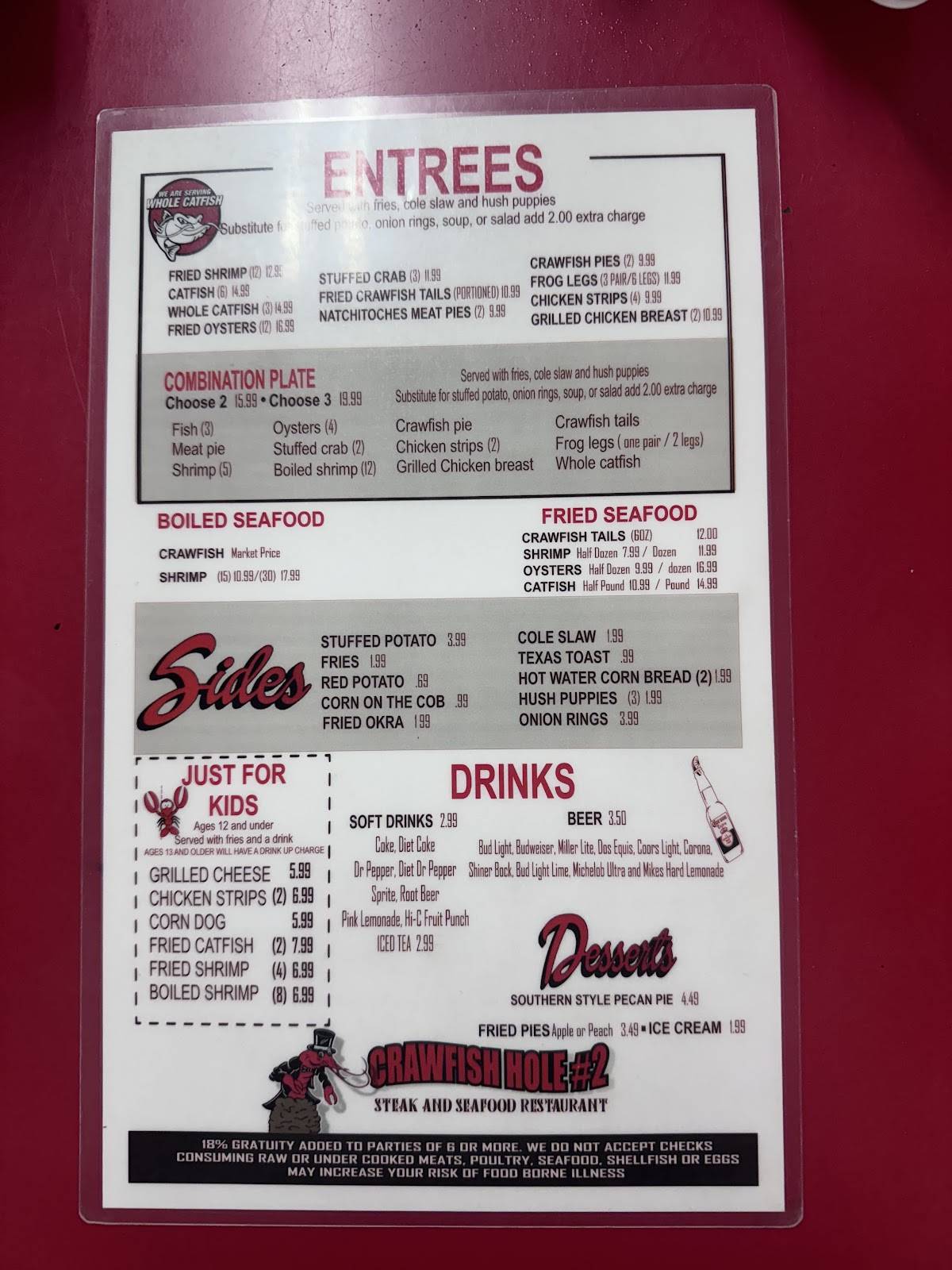 Menu at Crawfish Hole #2 Steak & Seafood Restaurant, Minden
