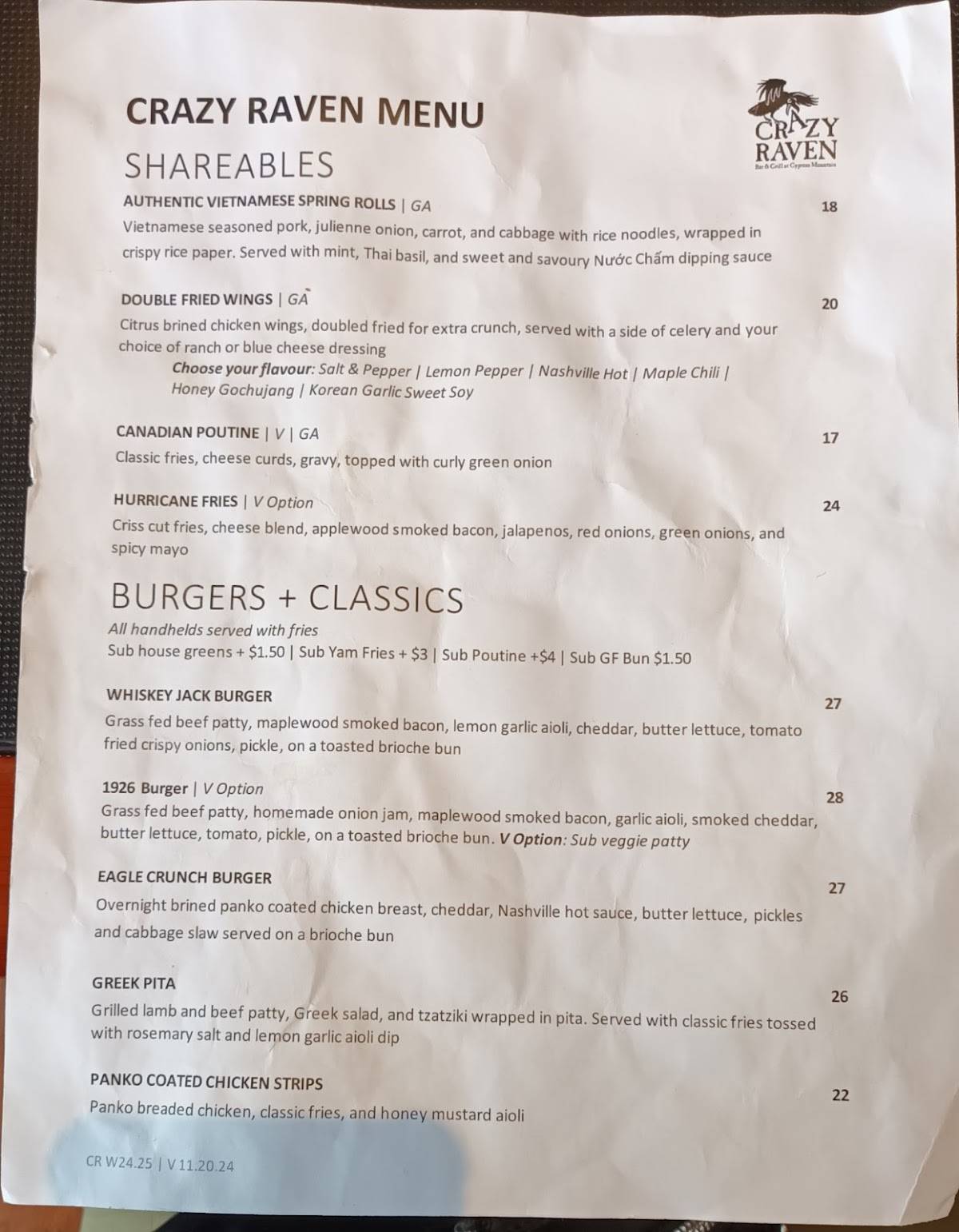 Menu at Crazy Raven Bar and Grill, West Vancouver