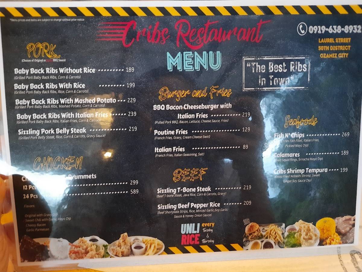 Menu at Cribs Diner restaurant, Ozamiz City