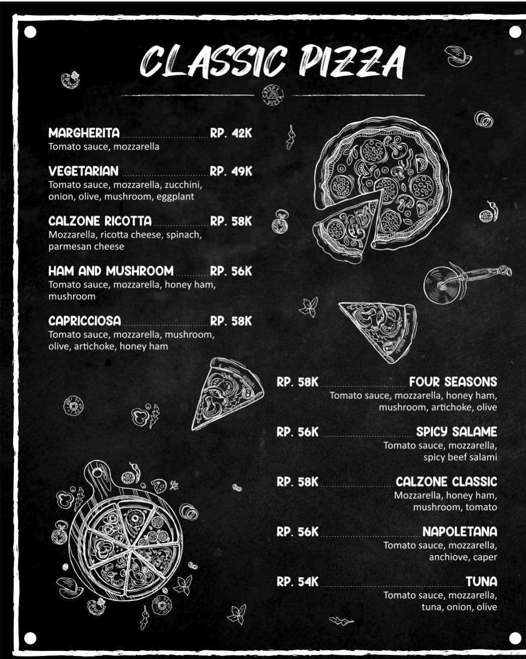 Carta de pizzería Crispy Pizza, Canggu