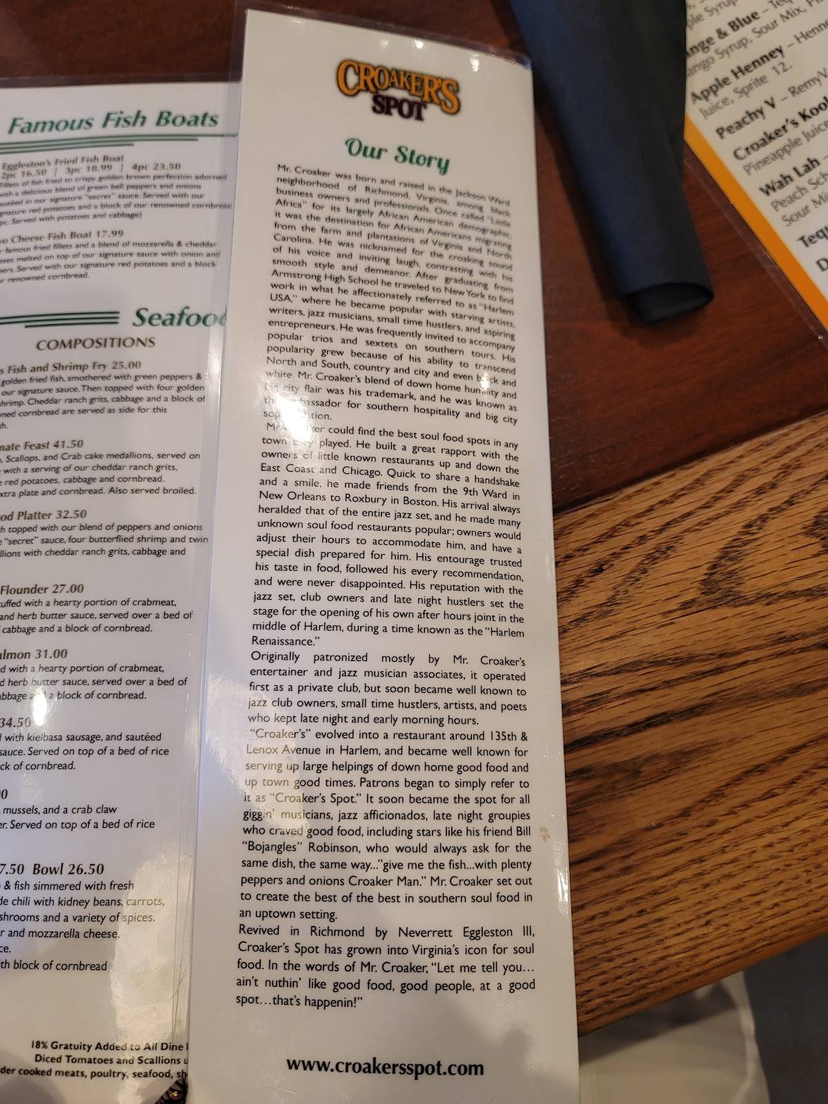 Menu at Croaker's Spot Richmond restaurant, Richmond, Hull St