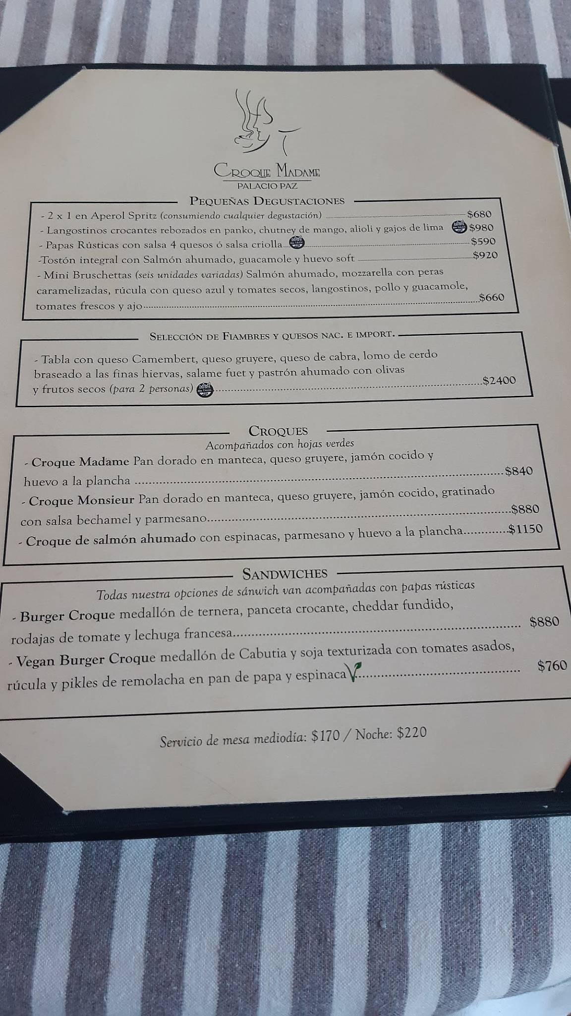 Carta del restaurante Croque Madame Palacio Paz, Buenos Aires