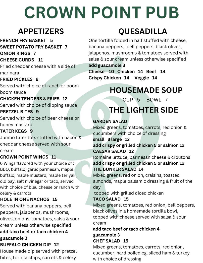 Menu at Crown Point Pub & Grill, Springfield, 155 Golf Course Rd