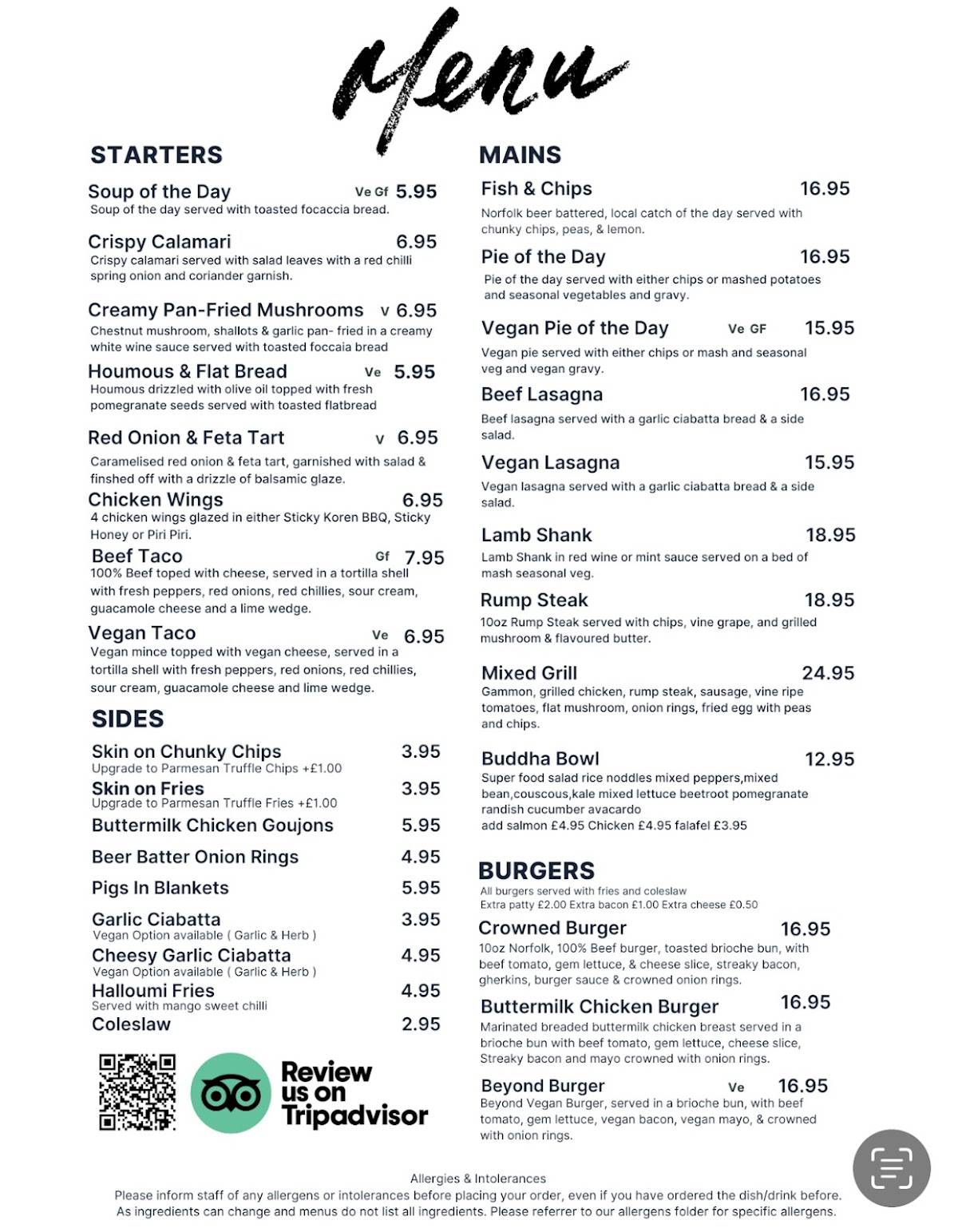 Menu at Crown & Anchor pub & bar, Wiggenhall Saint Germans
