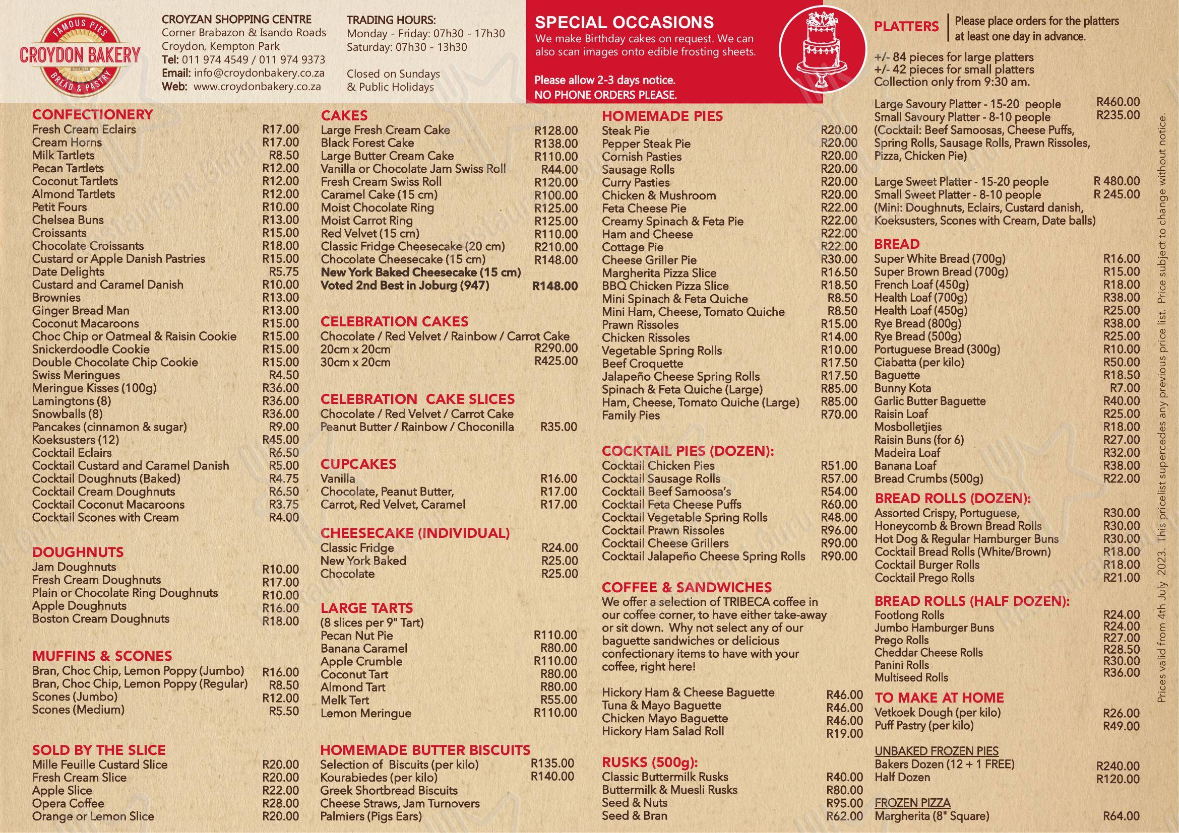 Menu at Croydon Bakery, Johannesburg