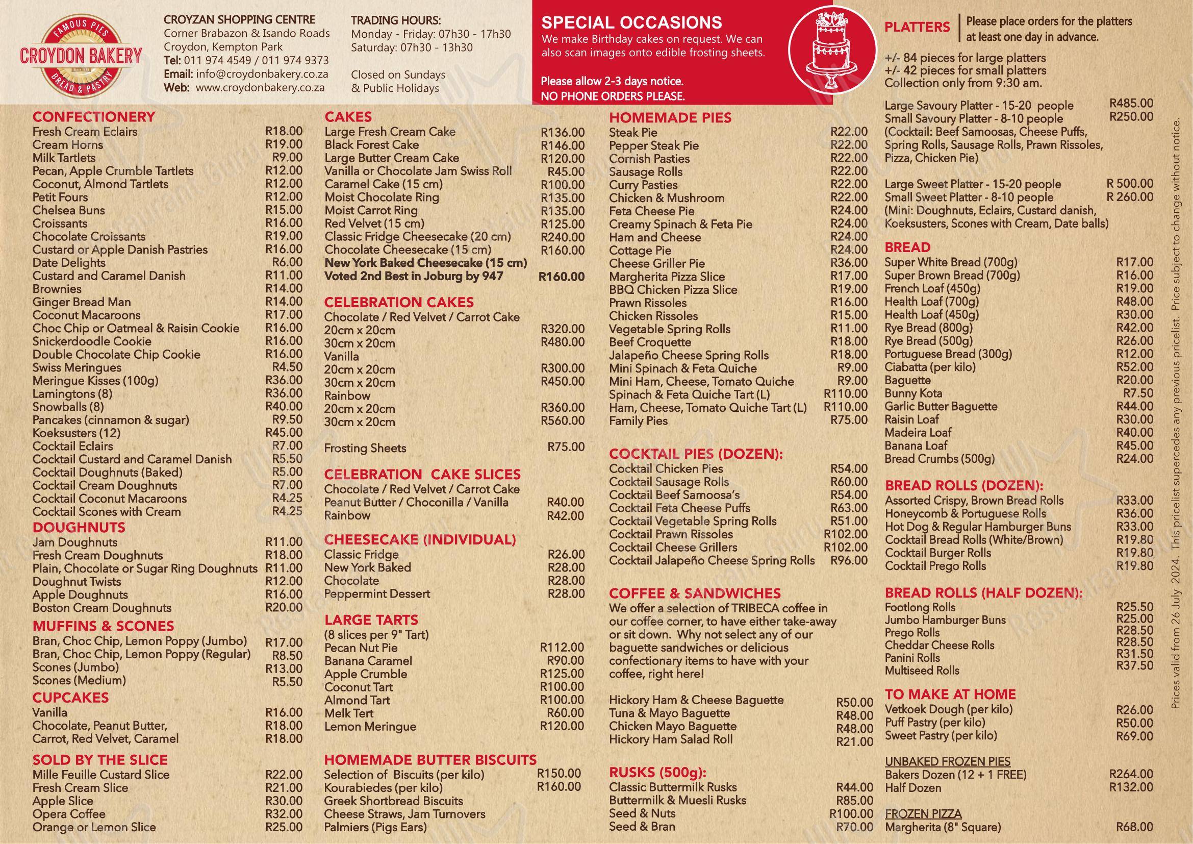 Menu at Croydon Bakery, Kempton Park