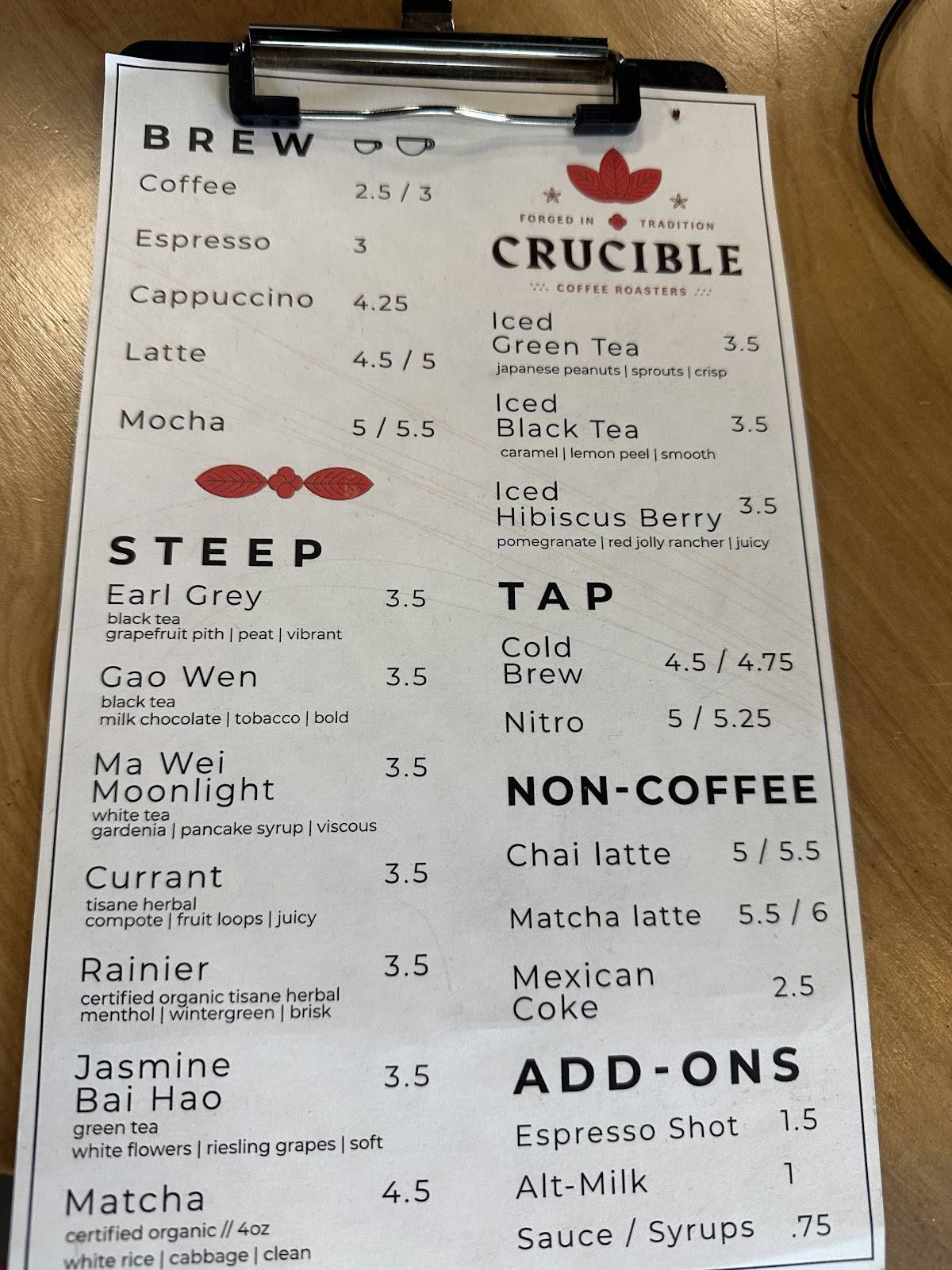 Menu at Crucible Coffee Roasters cafe, Staunton