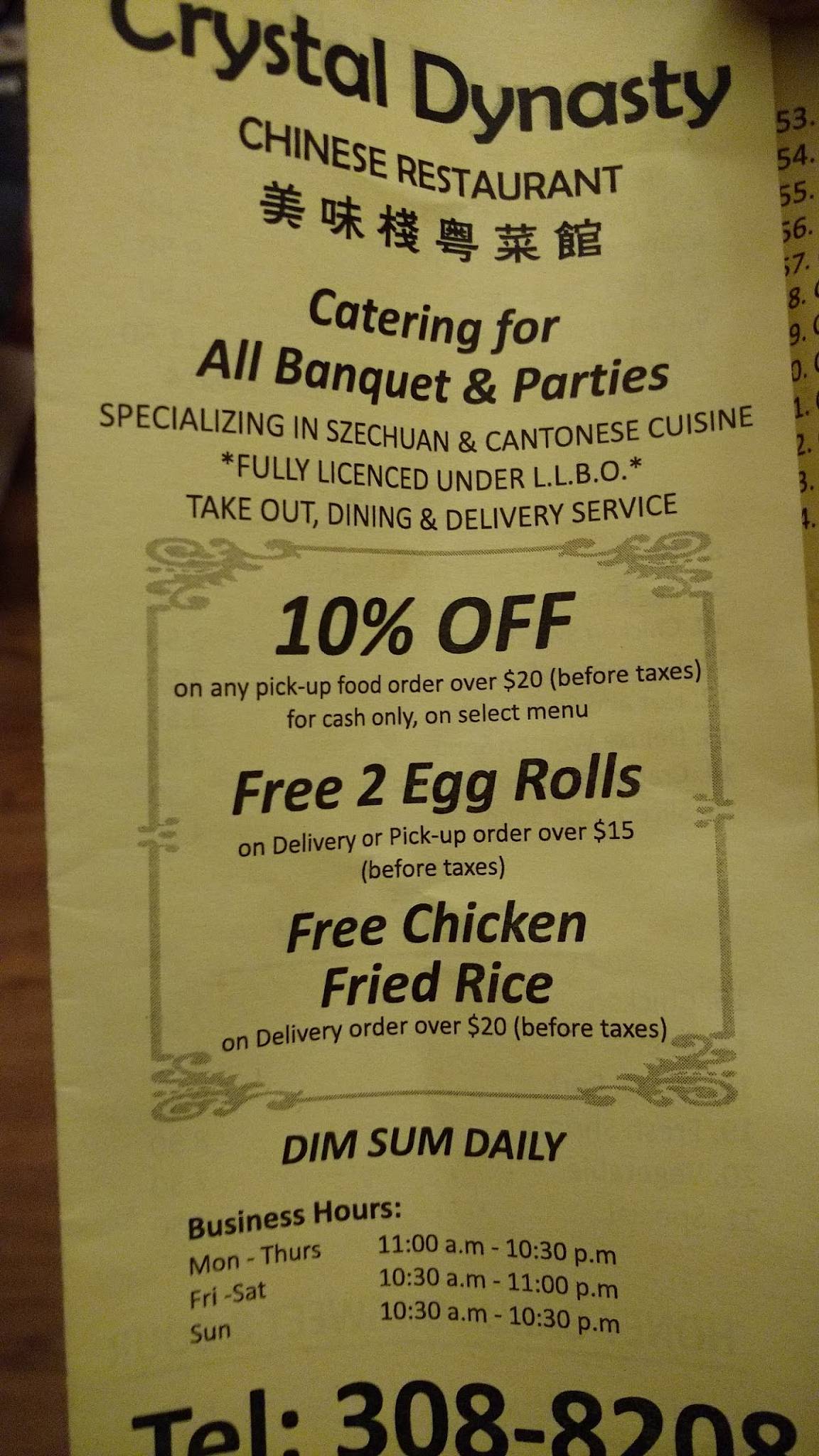 Menu at Crystal Dynasty Restaurant, Hamilton
