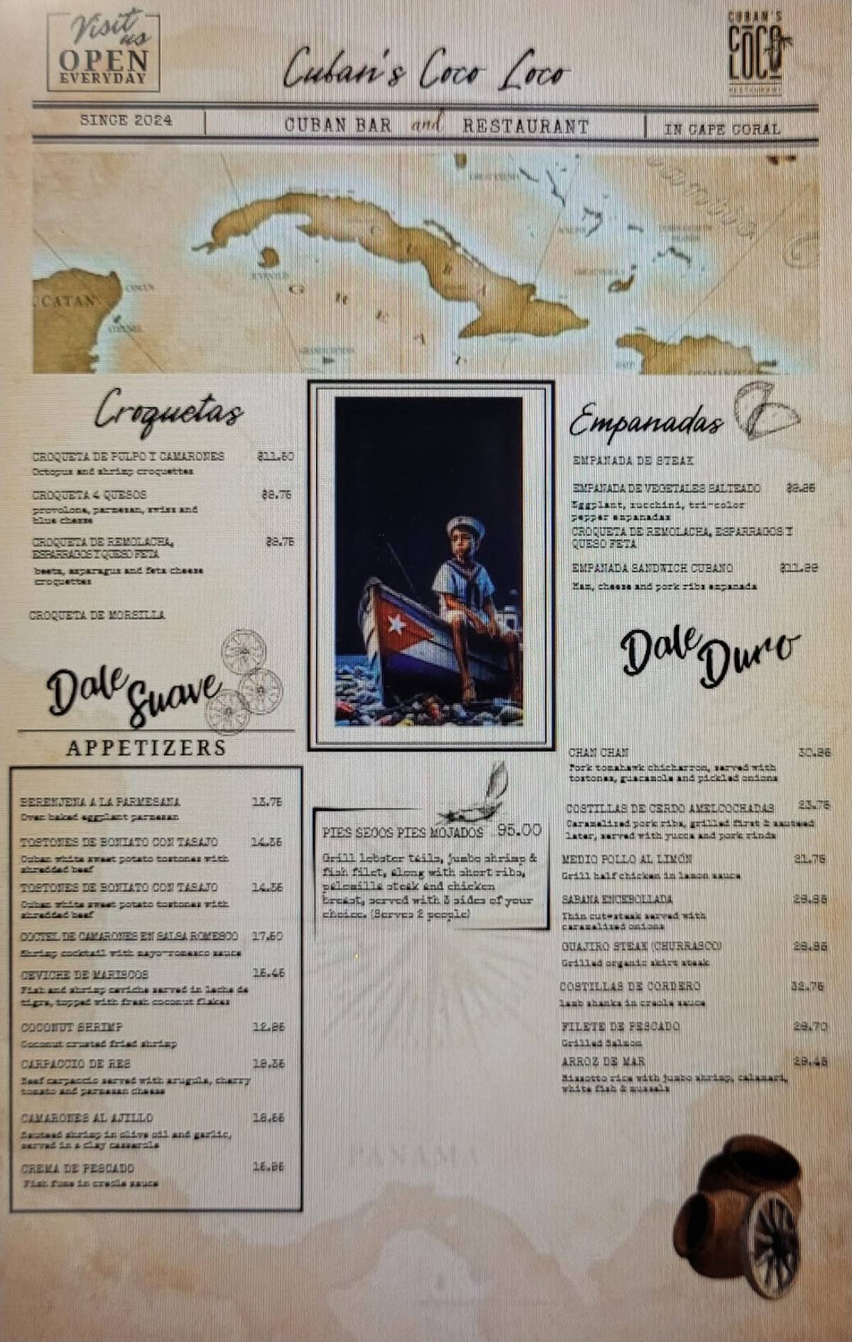 Menu at Cuban’s Coco Loco restaurant, Cape Coral