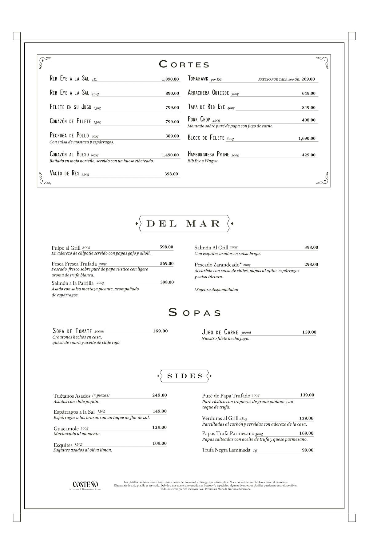 Carta del restaurante Cuerno Calzada, San Pedro Garza García