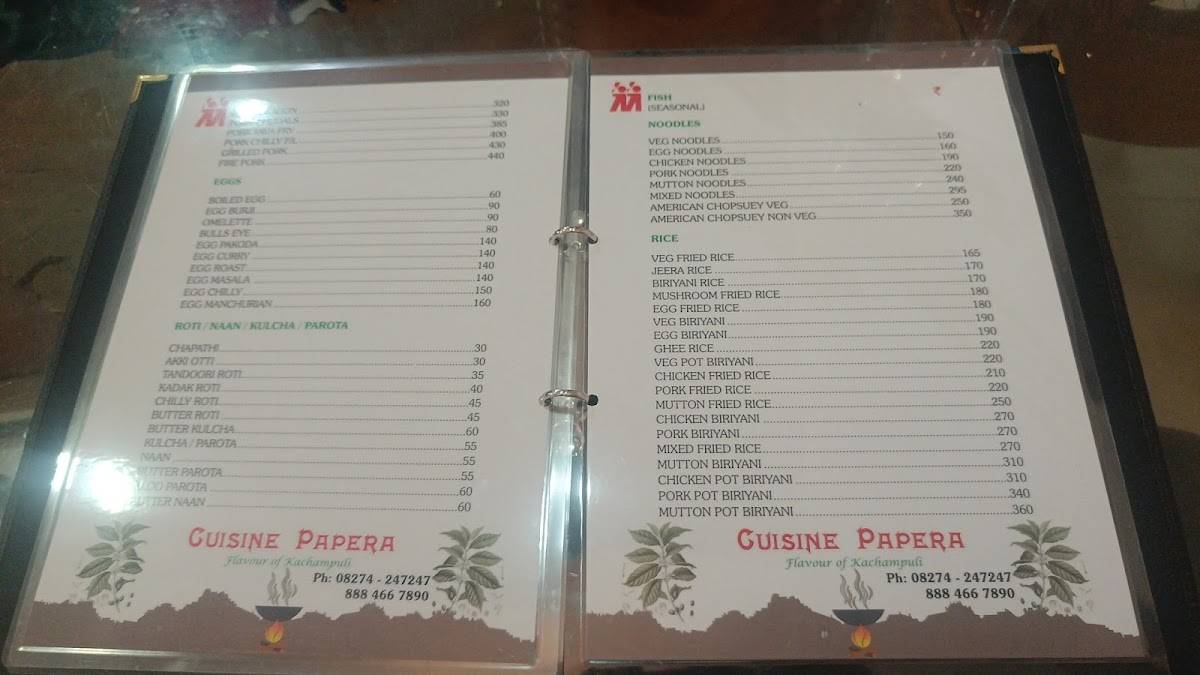 Menu at Cuisine Papera, India, Gowri Complex