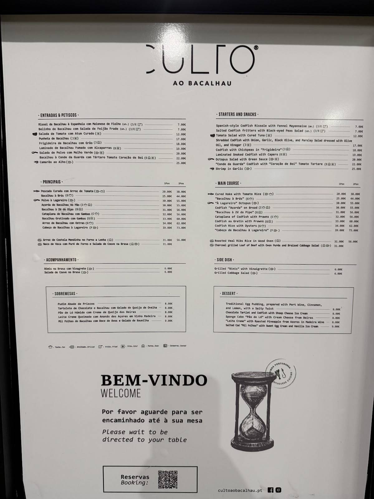 Menu em Culto ao Bacalhau restaurante, Porto