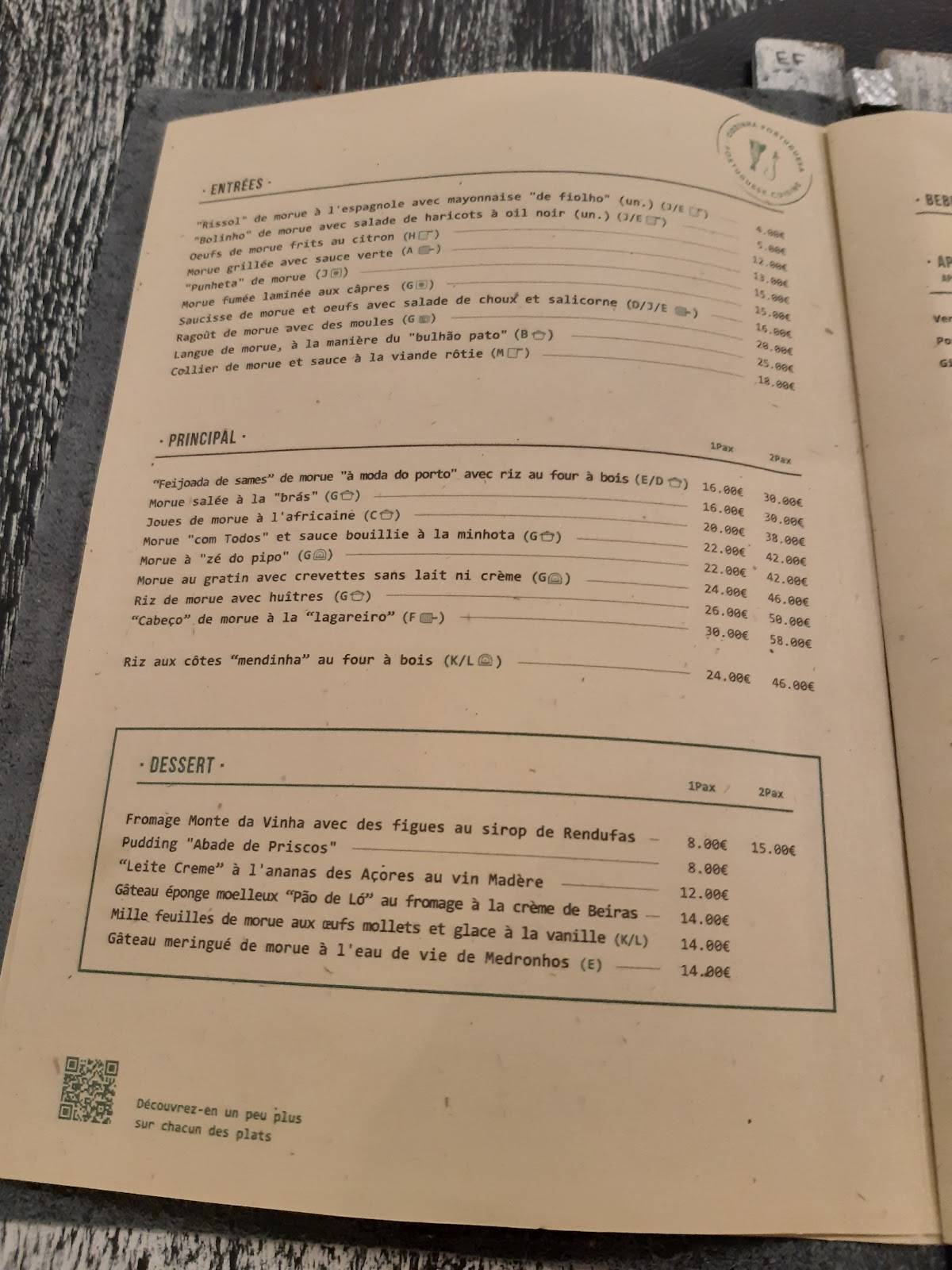 Menu em Culto ao Bacalhau restaurante, Porto