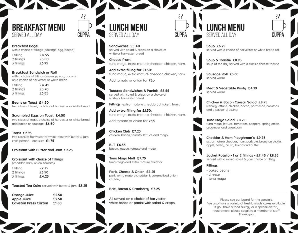 Menu at Cuppa Dunchurch Ltd cafe, Rugby