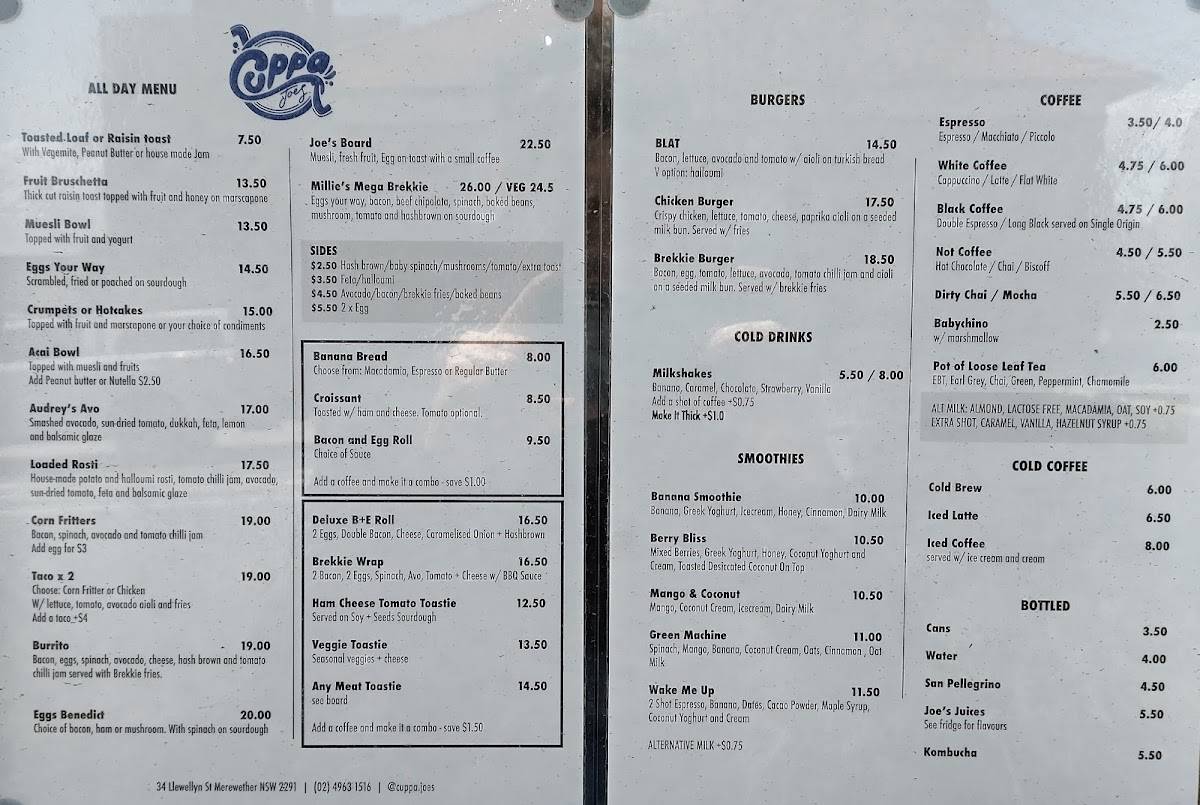 Menu at Cuppa Joes Merewether cafe, Merewether