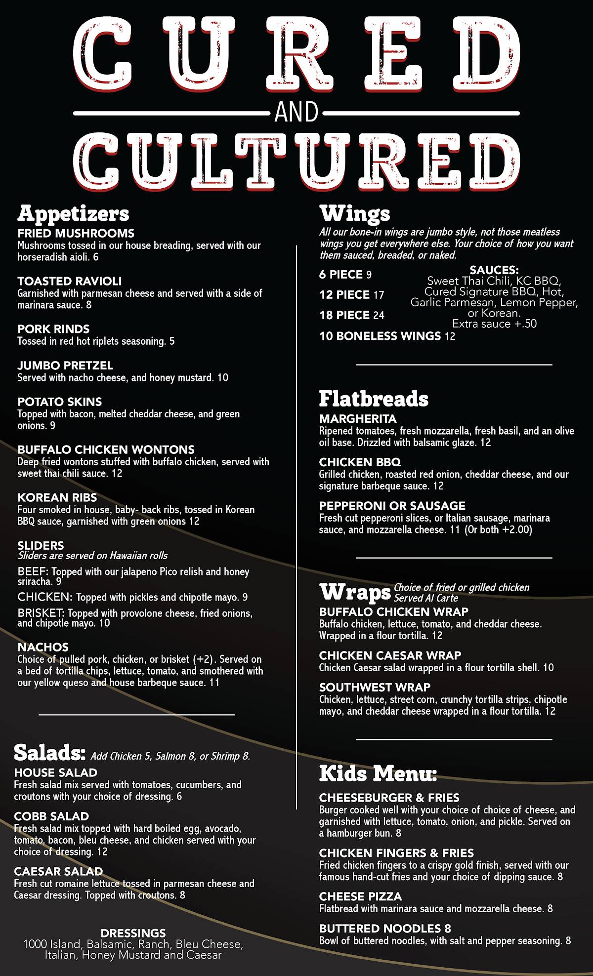 Menu at Cured and Cultured restaurant, Belleville