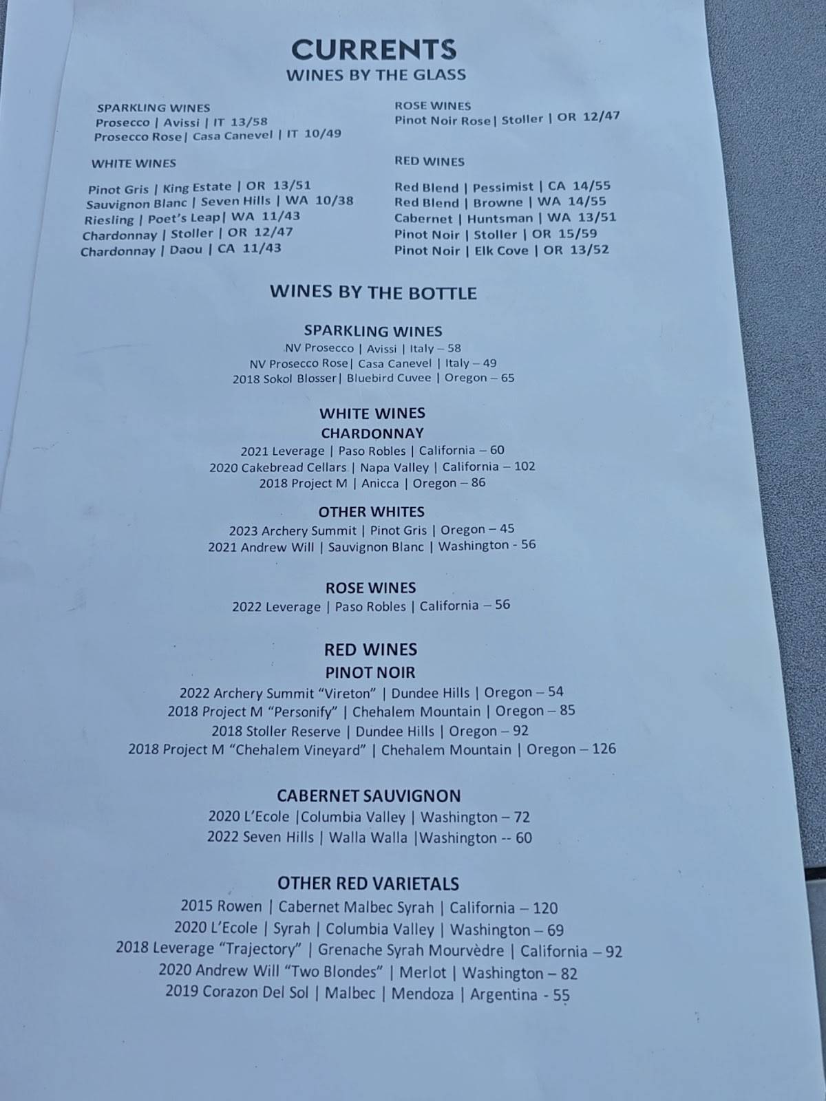 Menu at Currents at the Riverhouse steakhouse, Bend