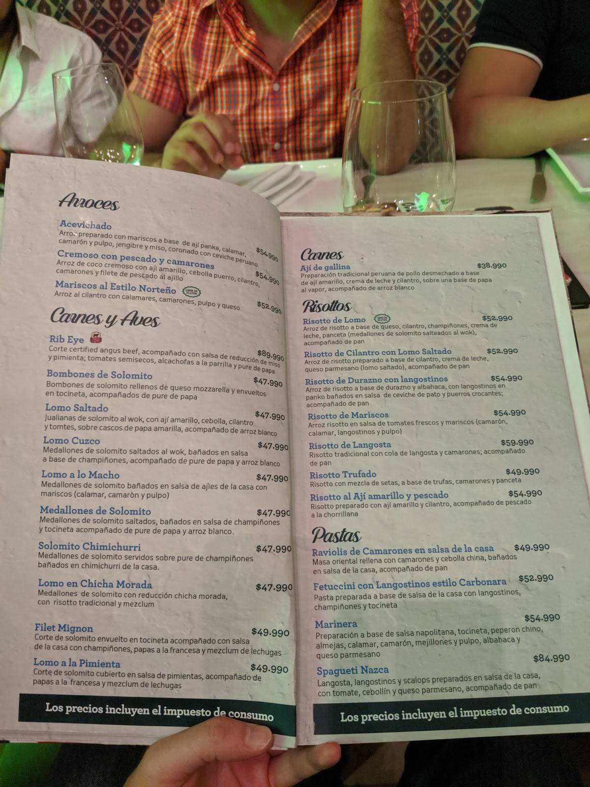 Carta del restaurante Cuzco Cocina Peruana, Cartagena