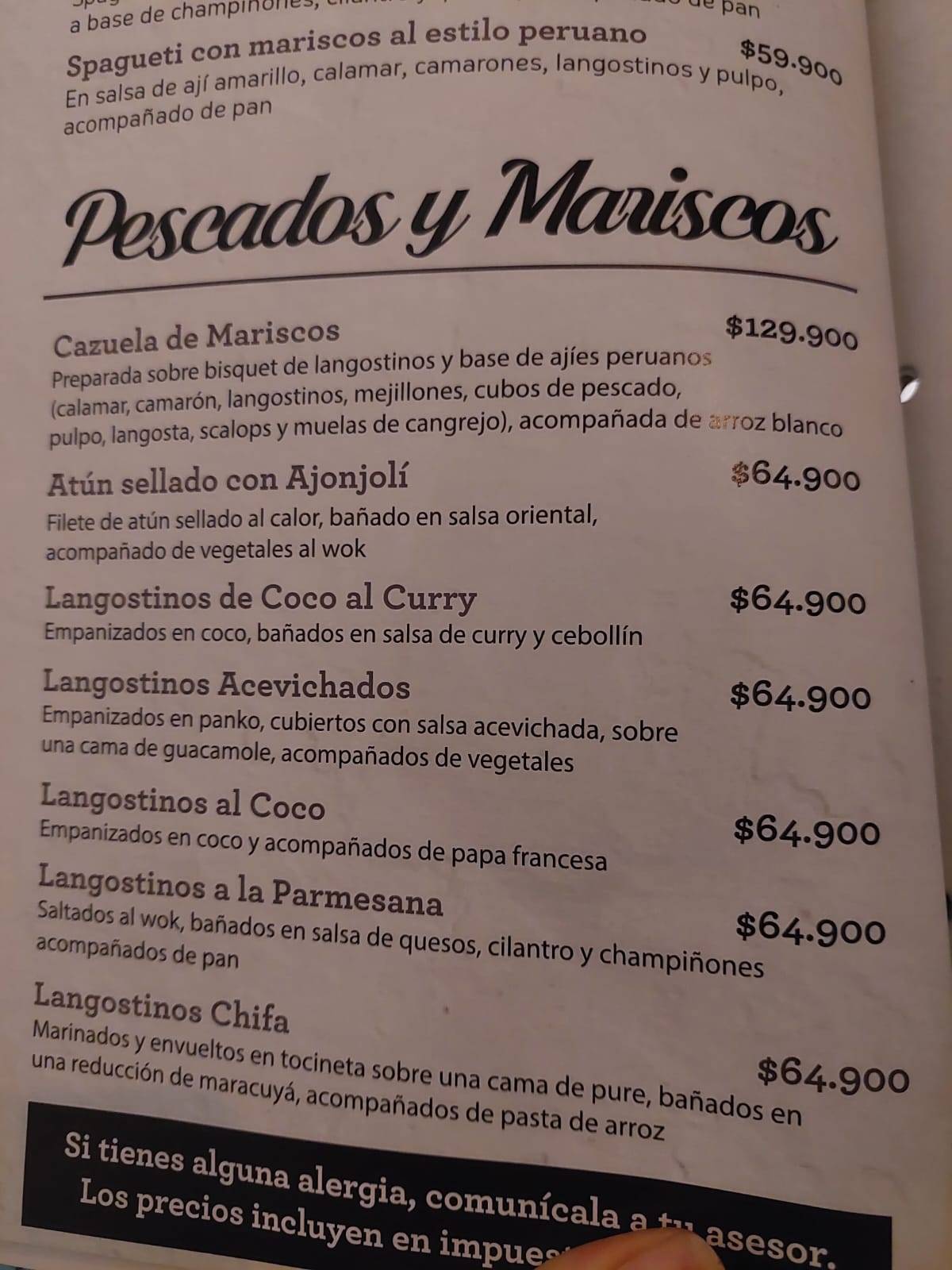 Carta del restaurante Cuzco Cocina Peruana, Cartagena