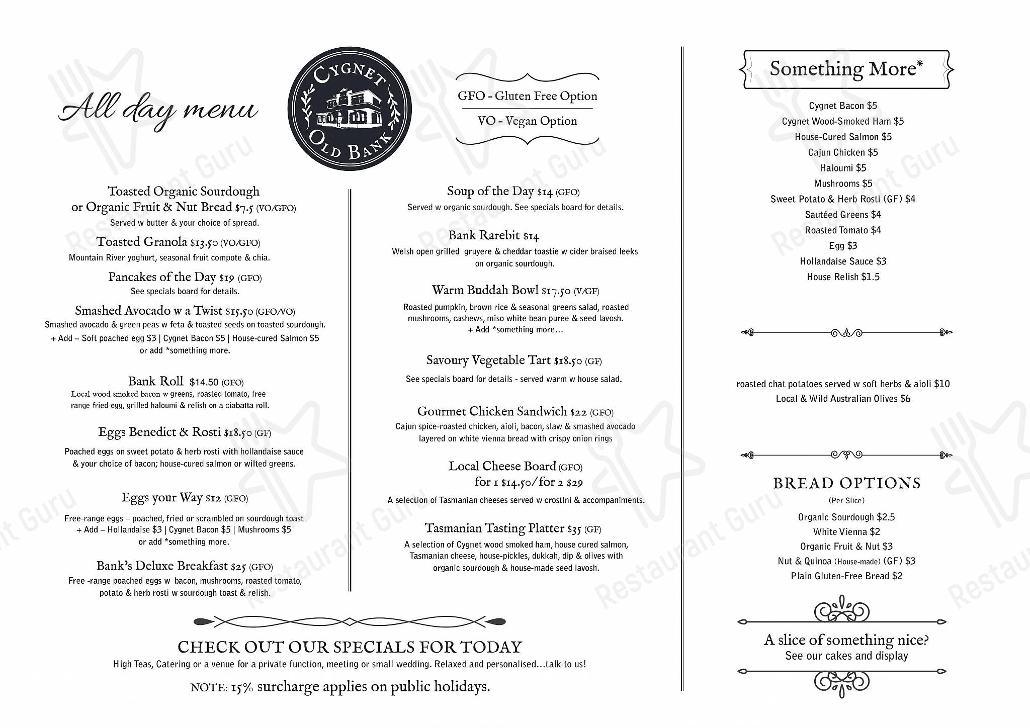 Menu at Cygnet Conservatory Cafe @ Cygnet Old Bank, Cygnet