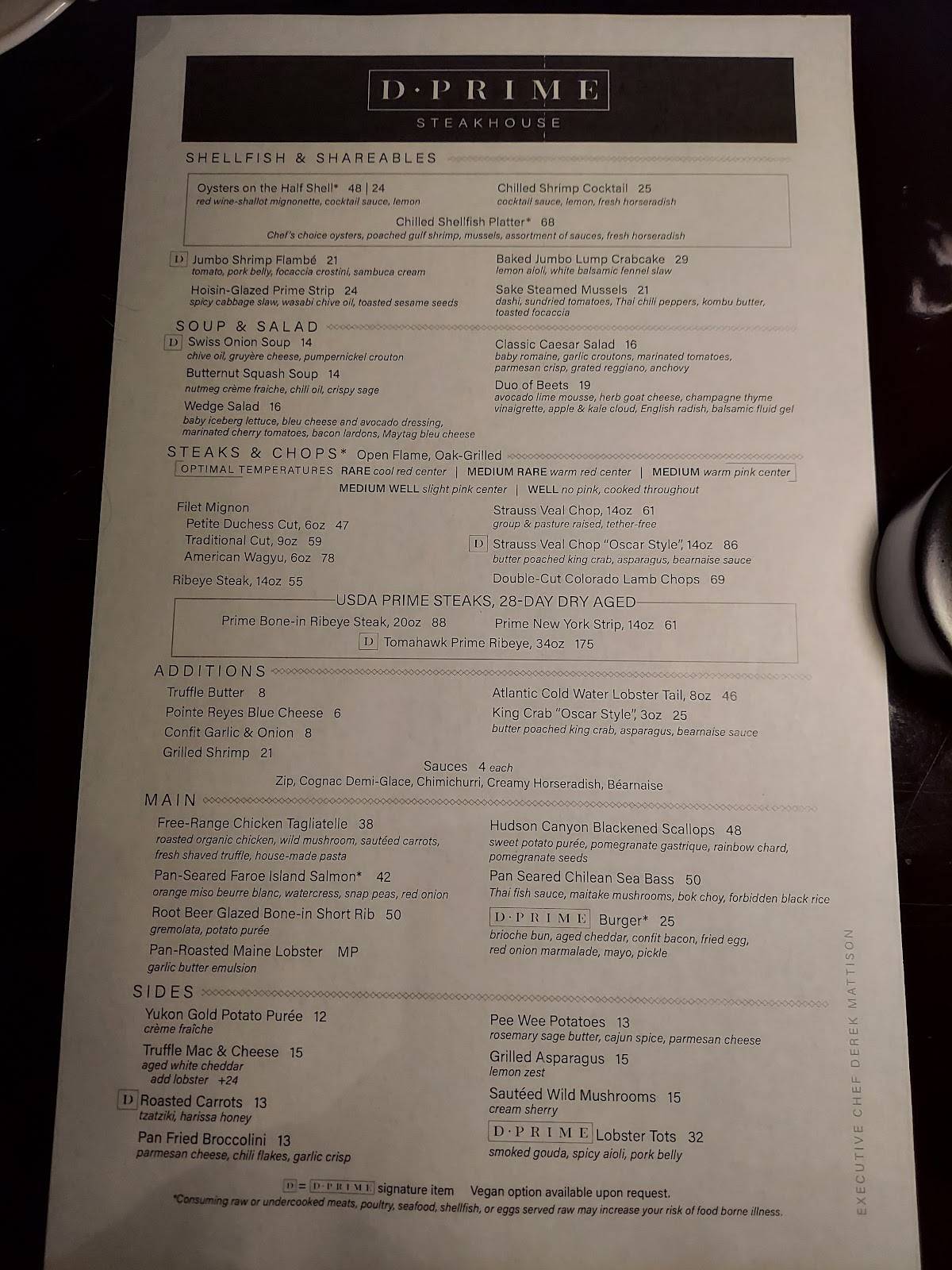 Menu at D.PRIME Steakhouse, Detroit