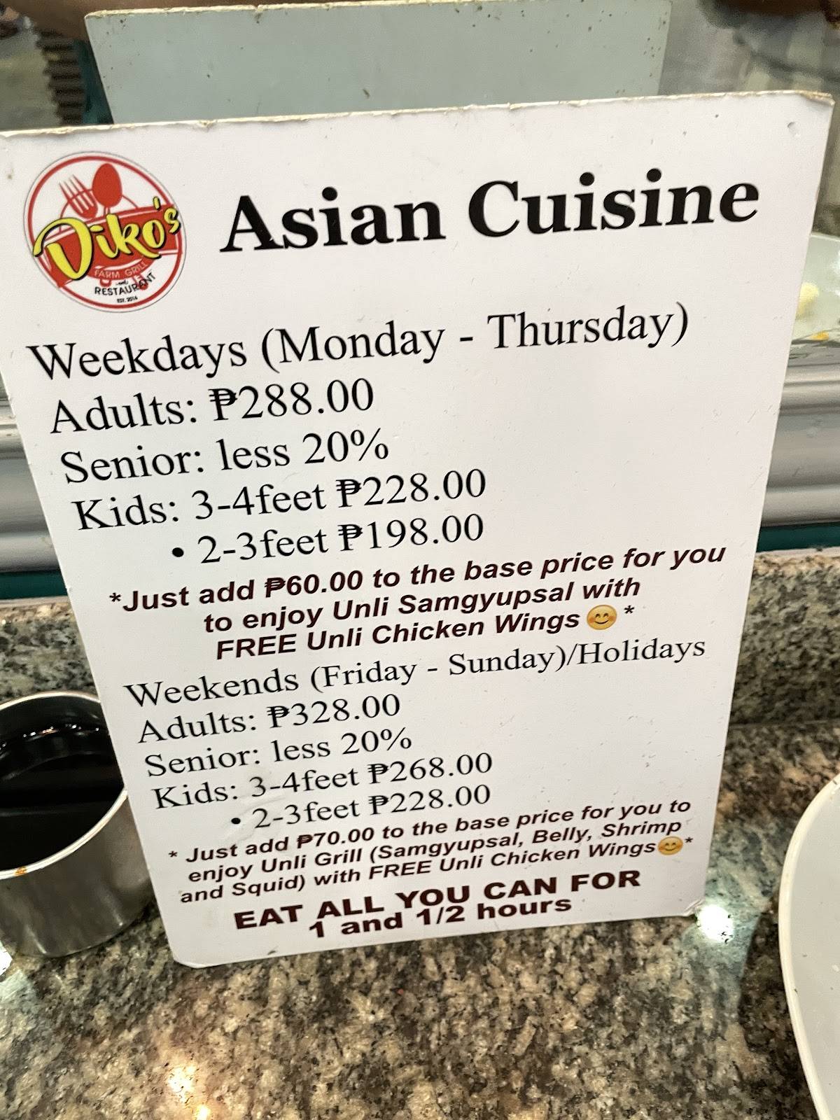 Menu at DIKO'S BUFFET restaurant, Philippines