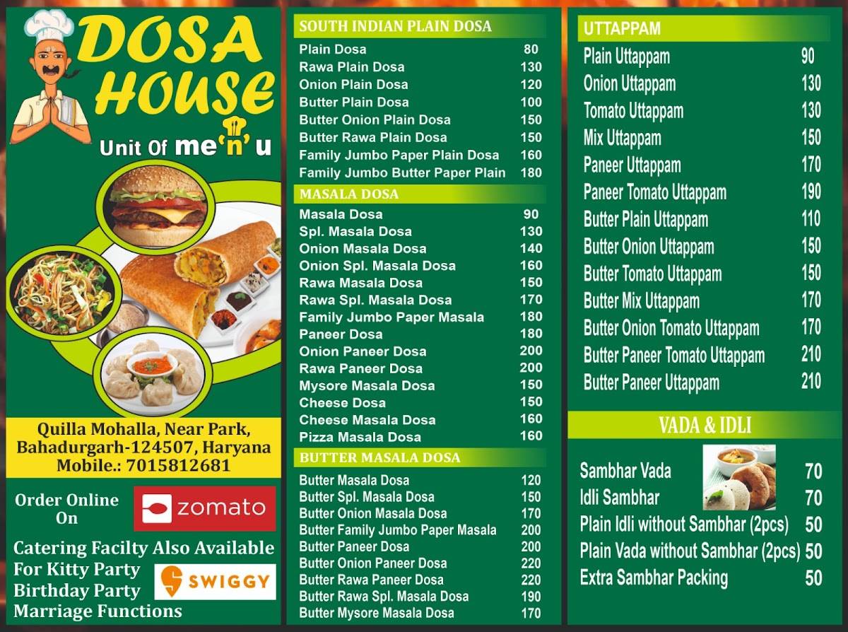 Menu at DOSA HOUSE SOUTH INDIAN RESTAURANT, Bahadurgarh