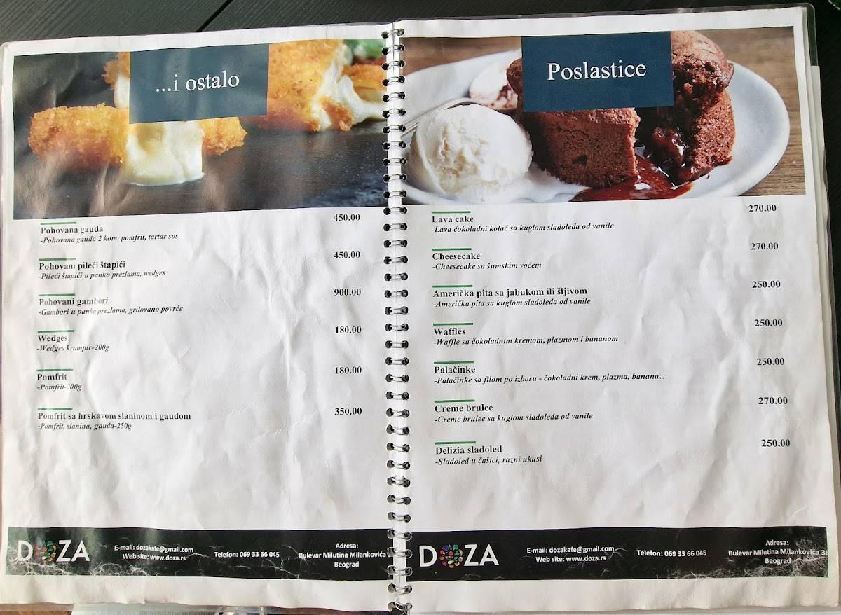 Menu at DOZA restaurant, Belgrade, Bulevar Milutina Milankovića 3b