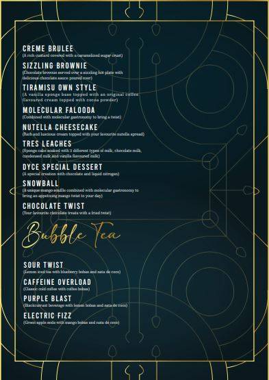 Menu at DYCE, Bengaluru